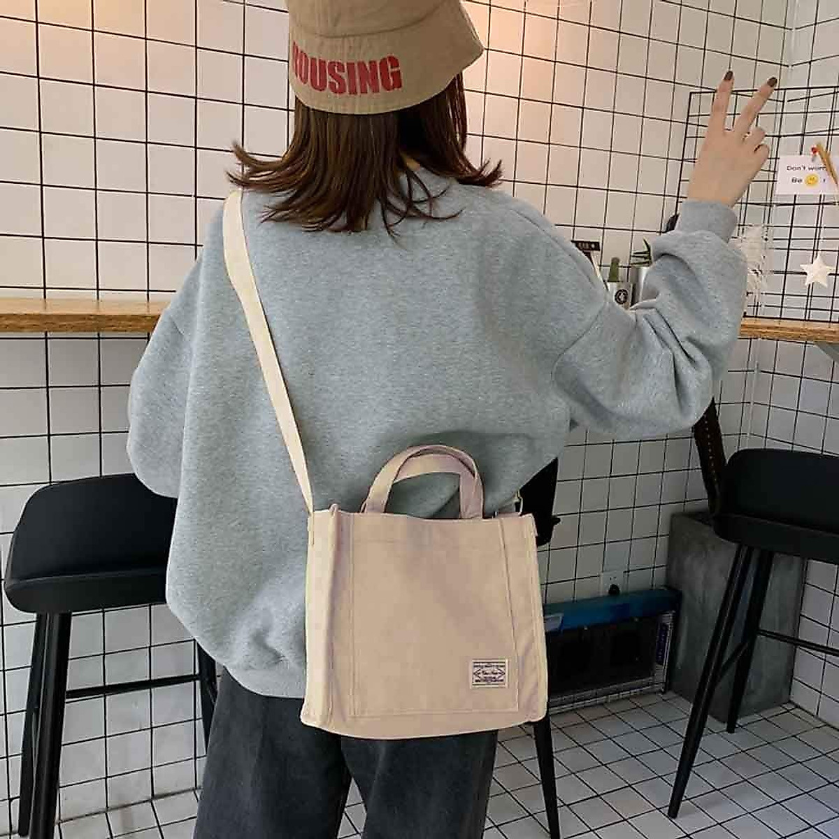 RUIVE Bag Messenger Canvas Women's Handbag Corduroy Fashion Bag Casual Shoulder Bag Shoulder Tote Bag for Women (White, one size)