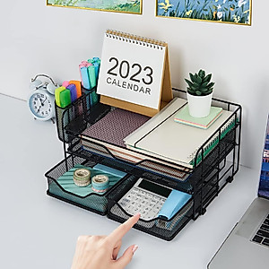 Youbetia Black Minimalist Desk Organizer with 3 Drawer, 2 Pen Holder, 2 Tier Letter Tray, Upper Display Rack, for Office Supplies