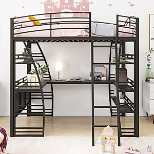Full Size Metal Loft Bed with Desk and Bookcase, Modern Style Heavy-Duty Steel Frame Bunk Bed with Sockets, USB Ports and Wireless Charging (Full, Black)