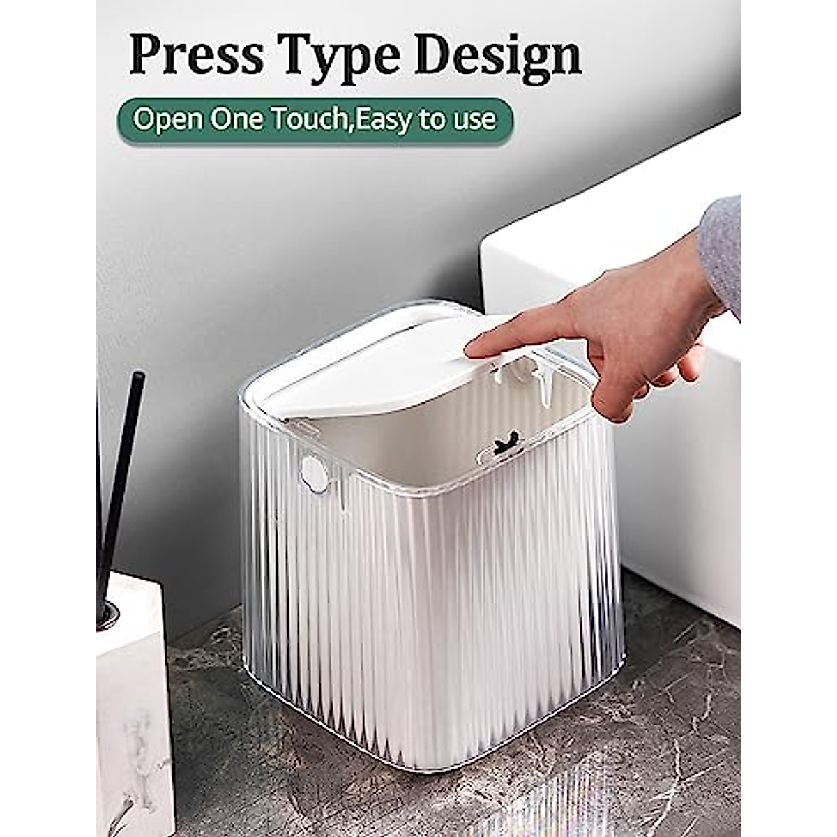 SUNTEREST Small Desktop Trash Can with Lid,Mini Garbage Can with Trash Bags,Modern Vanity Little Countertop Waste Bin,Press Type Tiny Table Trash Bucket for Bathroom,Kitchen,Bedroom,Office (White)