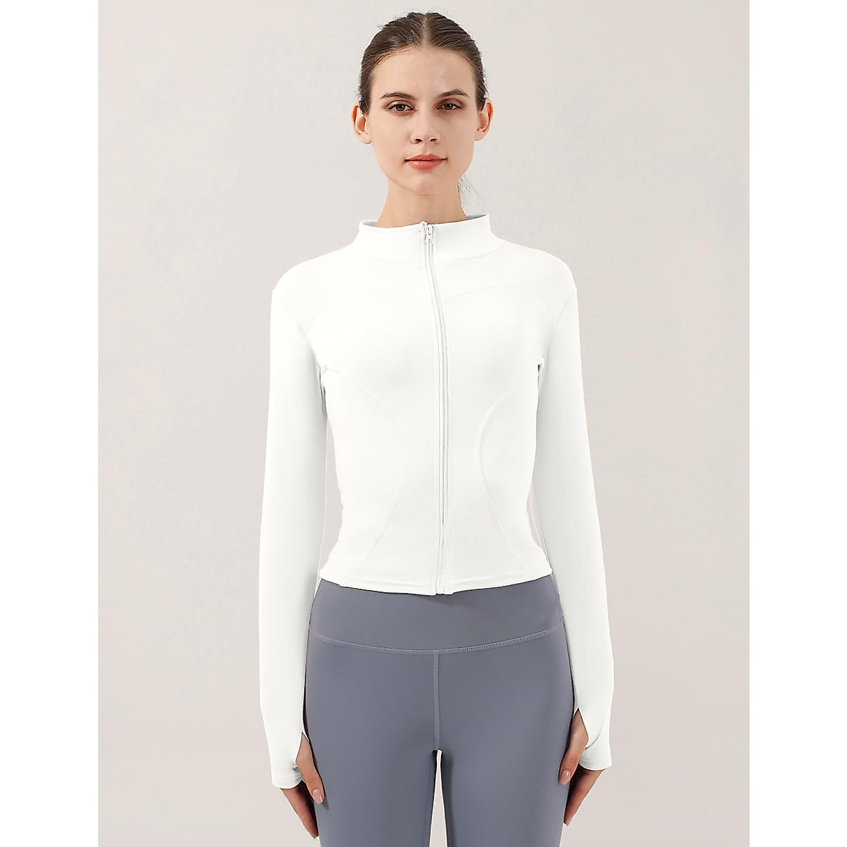 Locachy Women's Lightweight Stretchy Workout Full Zip Running Track Jacket with Thumb Holes White XS