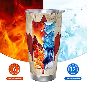 Retro Canada Flag Tumbler with Lid and Straw 20oz Stainless Steel Car Cup for Hot and Cold Drinks, Double Wall Insulated Travel Coffee Mug Reusable Drink Thermos Cup Birthday Gifts