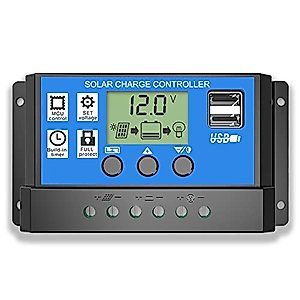 Solar Charge Controller, Lpluziyyds 20A Solar Panel Controller 12V/24V PWM Auto Parameter Adjustable LCD Display Solar Panel Battery Regulator with Dual USB Port