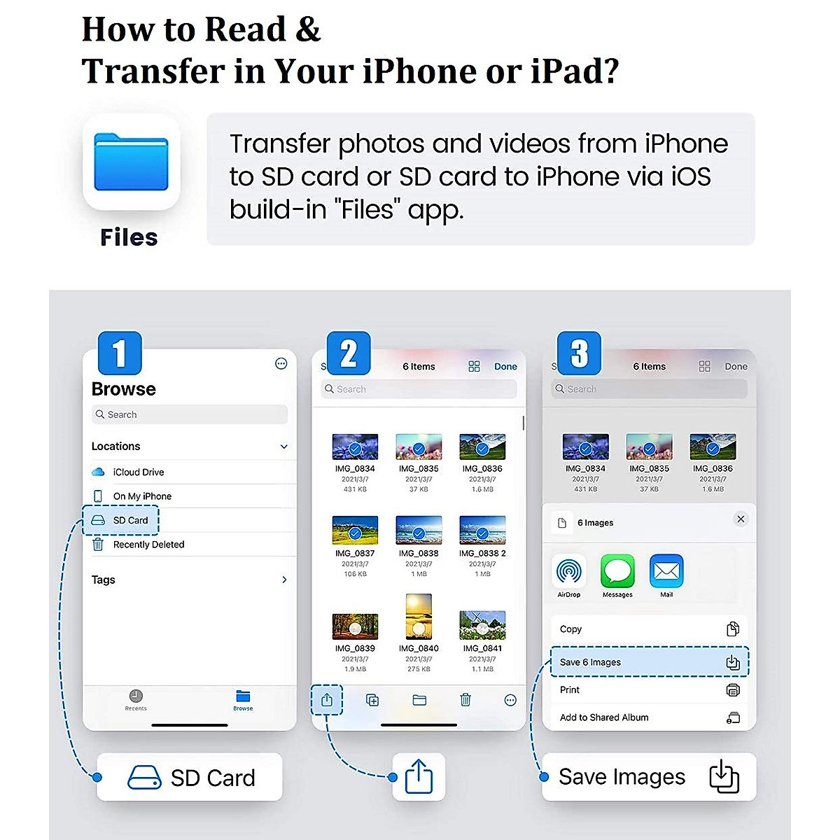 SD Card Reader for iPhone iPad, Apple MFi Certified iPhone SD/Micro SD Card Reader Adapter Cable with Dual Slots for SLR Cameras, Trail Game Camera Viewer, Memory Card Reader for iPhone, Plug and Play