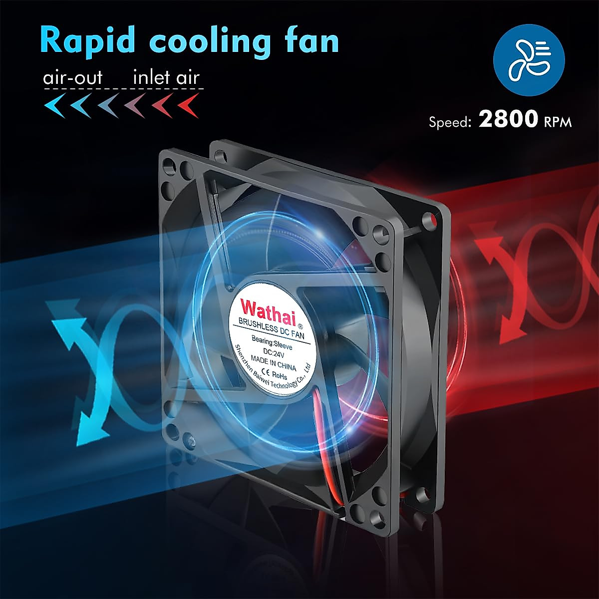 Wathai 80mm 24V DC Cooling Fan 2Pin 24Volt 80mm x 25mm Brushless 3 Inch Fan High Speed for DIY Ventilation Exhaust Projects Cooling 2 Pack