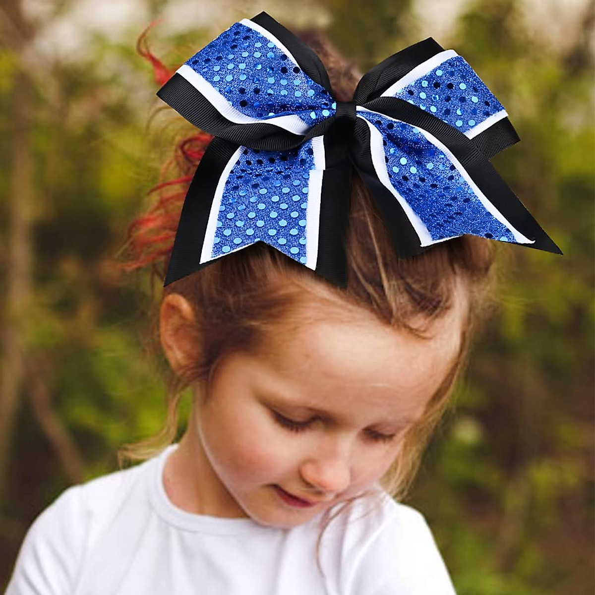 12 PCS 8" Large Glitter Cheer Bows Blue Black Girl Hair Bows Sparkly Cheerleading Softball Team Bow Hair Accessories for cheerleaders football Competition Sports