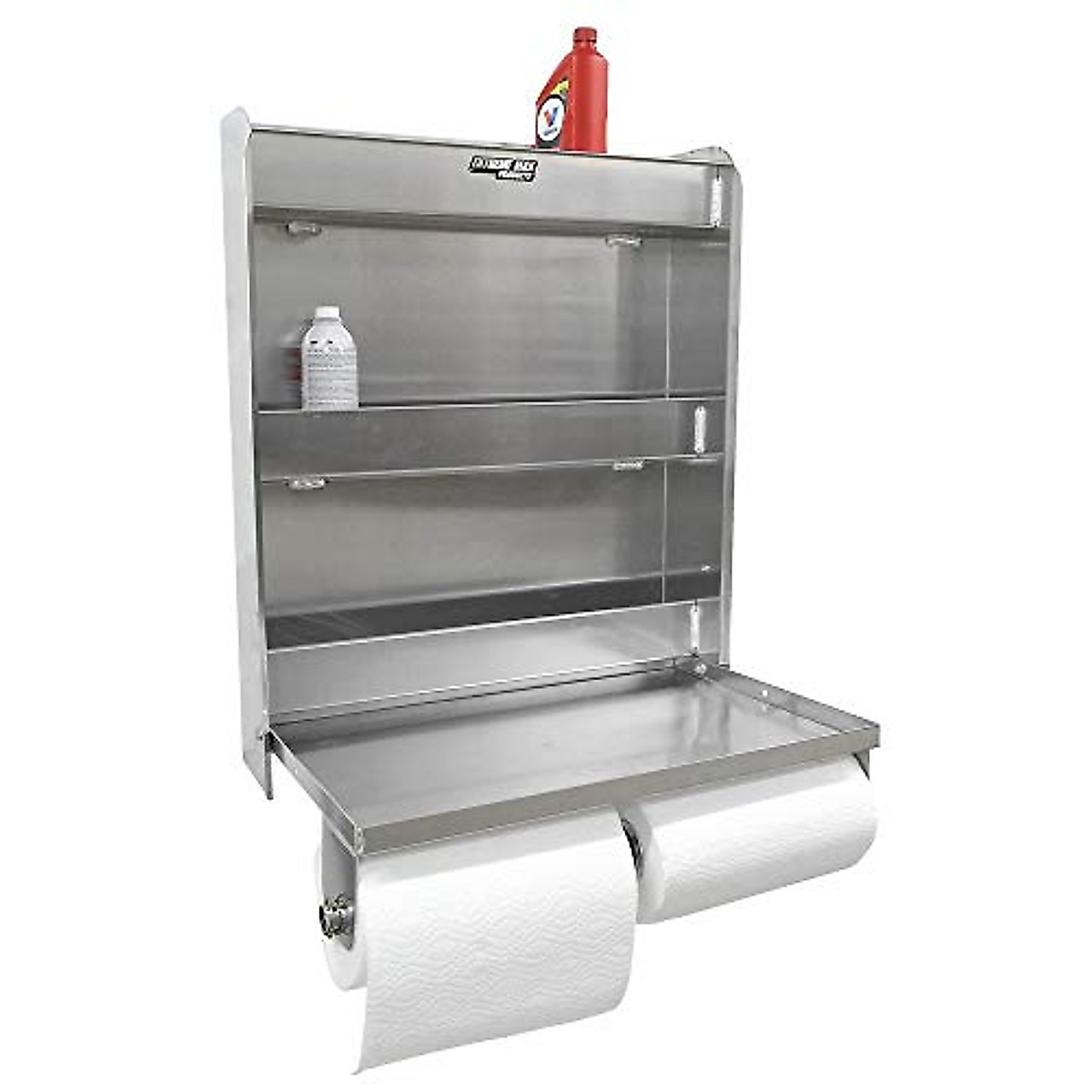 Extreme Max 5001.6049 Aluminum Work Station Storage Cabinet w/ Flip-Out Work Tray & Paper Towel Rack Organizer for Enclosed Race Trailer, Shop, Garage, Storage,Silver