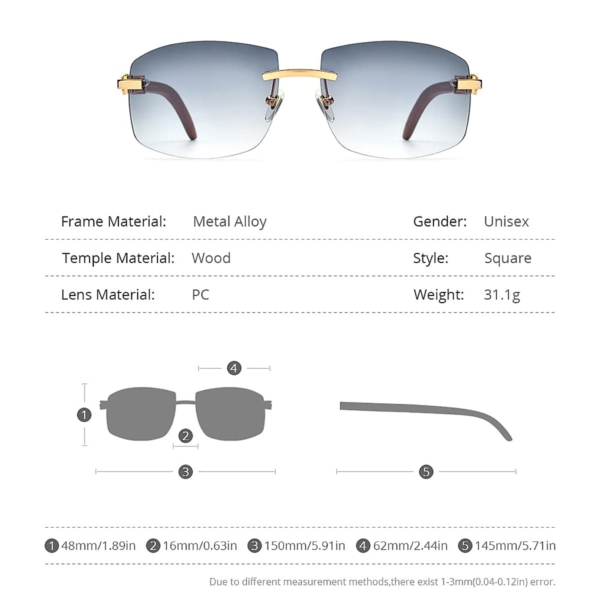 HEPIDEM 100% Really Buffalo Horn Sunglasses for Men,Rimless Square Buffs Sun Glasses (50259 Really Red Wood)