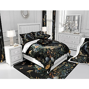 Black Crow Comforter Set King Size,Moon Daisy Flower and Butterfly Bedding Set,Kids Girls Boys Teens Room Decor,Halloween Theme Animals Plants Quilt Set Boho Trippy Duvet Insert,2 Pillowcases