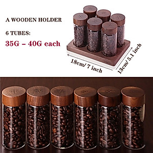 Ulimitada Coffee Bean Storage Tubes, 6 Tubes Single Dose Coffee Bean Container Cellar with Wooden Stand and 35-40g Glass Vials