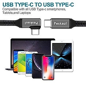 Peskaul Type C to Type C Cable 10ft 90 Degree 20V 5A 100W PD Fast Charge USB C to USB C Cable 100W Compatible with Samsung Galaxy Note 10 S9 S8, MacBook Air, iPad Pro 2018, Nintendo Switch