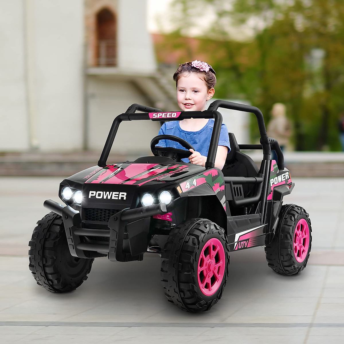 Costzon Ride on Car, 12V Kids UTV with 2.4G Remote Control, Music, LED Lights, Radio, USB Port, Storage, Slow Start, Battery Powered Off-Road Buggy for Boys Girls Aged 3-8 Years, Ride on UTV (Pink)