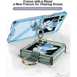 TECHY for Samsung Z Flip 5 Case with Ring Stand, Galaxy Z Flip 5 Clear Airbag Case Built-in High-Transparency Soft Film for Samsung Galaxy Z Flip 5, Clear Blue