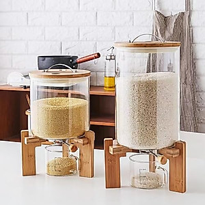 LOVEJO Rice Dispenser Airtight Glass Container with Bamboo Lid, Large Food Storage with Lids for Rice Grains Beans, Sugar Flour Container 20 lbs, Kitchen Countertop Cereal Cup Organizer 5L