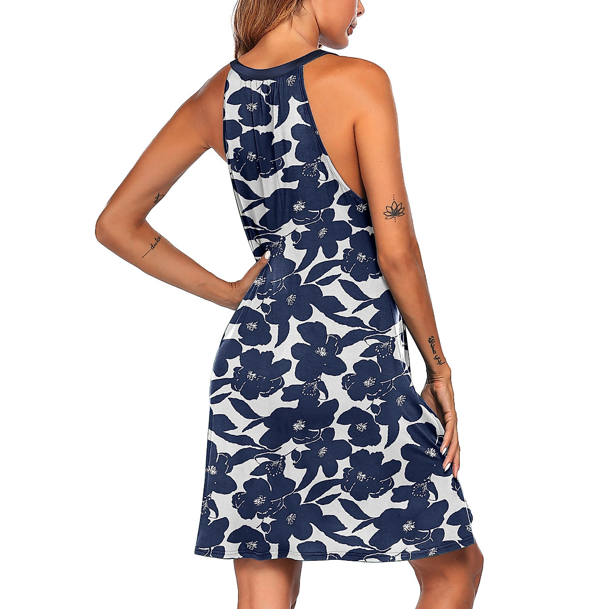 Ekouaer Womens Nightgown Sleeveless Sleepwear V Neck Racerback Sleep Dress, Navy Flower, X-Large