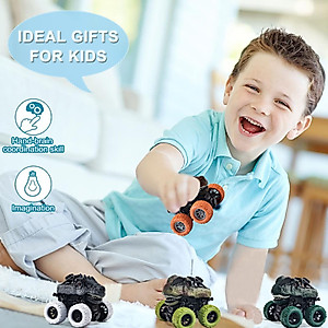 Dinosaur Monster Truck Toys for Boys, 4 Pack Friction Powered Dino Car Toys for Toddlers, Push and Go Inertia Car for Kids, Christmas Birthday Party Favors Gifts for 3 4 5 6 7 8 Years Old Boys Girls