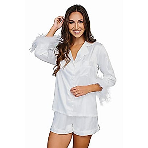 Belle's Design Women's Feather Trim Silk Satin Pajama Set With Shorts Button Down 2 pieces Loungewear Sleepwear (White, XX-Large)