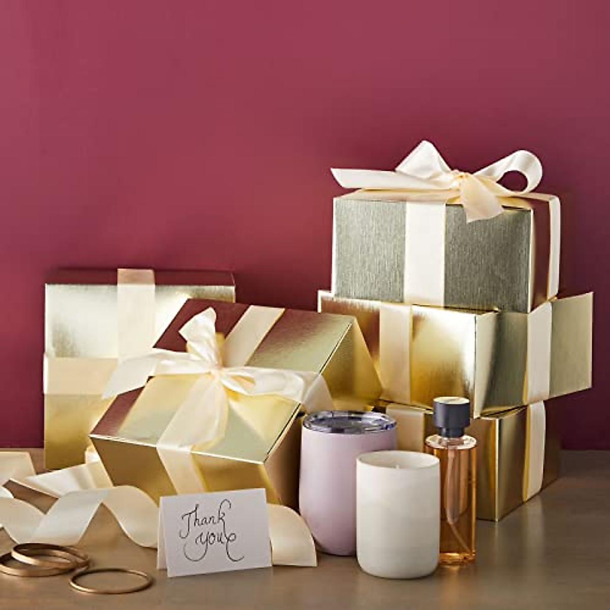 Stockroom Plus 10 Pack Textured Champagne Gold Gift Boxes with Lids, Ribbon and Blank Greeting Cards (8 x 8 x 4 in)