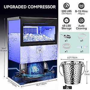 YITAHOME 200 LBS Commercial Ice Maker Machine Under Counter, Large Free Standing Ice Maker Undercounter for Home Bar Restaurants Bar with 48LBS Storage Bin Stainless Steel Ice Scoop Ice Bucket