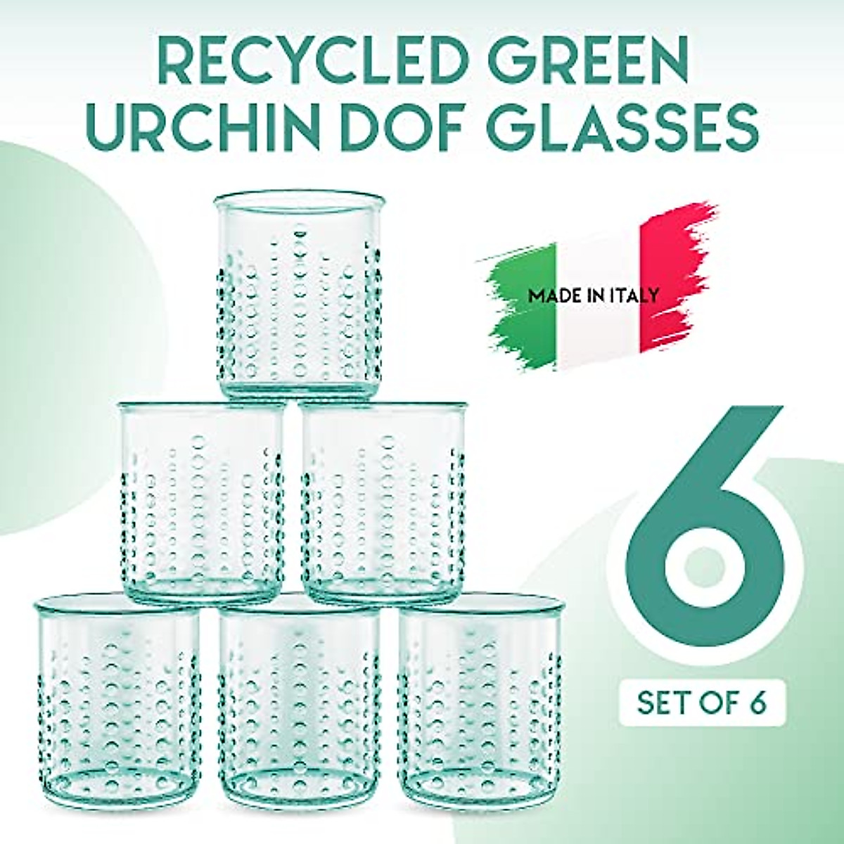 Amici Home Urchin DOF Glass | 12 Oz | Italian Made, Recycled Green Glass | Hobnail Drinking Glass for Water, Iced Tea, Milk, Juice, Cocktails, Fresh Drinks (Set of 6)