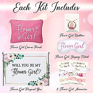 10 Pcs Flower Girl Proposal Gift Set, Flower Girl Box Flower Girl Necklace Sleeping Mask Makeup Pouch and 6 Pcs Flower Hair Ties Will You Be My Flower Girl Proposal Box for Bride Showers