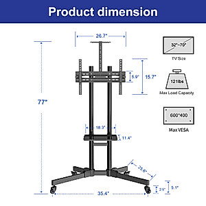 Mobile TV Stand with Wheels for 32-70 inch LED LCD 4K Flat/Curved Screen TVs, UL Certificated Rolling/Floor TV Cart, Height Adjustable TV Trolley with Shelf Up to 121 lbs Max VESA 600x400mm- TC004