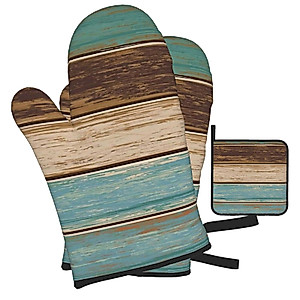 Nautical Vintage Wood Oven Mitts and Pot Holder Set - Retro Blue Ocean Rustic Oil Print Theme Hot Pad Waterproof Heat Resistant Kitchen Microwave Gloves for Cooking BBQ Baking Grilling