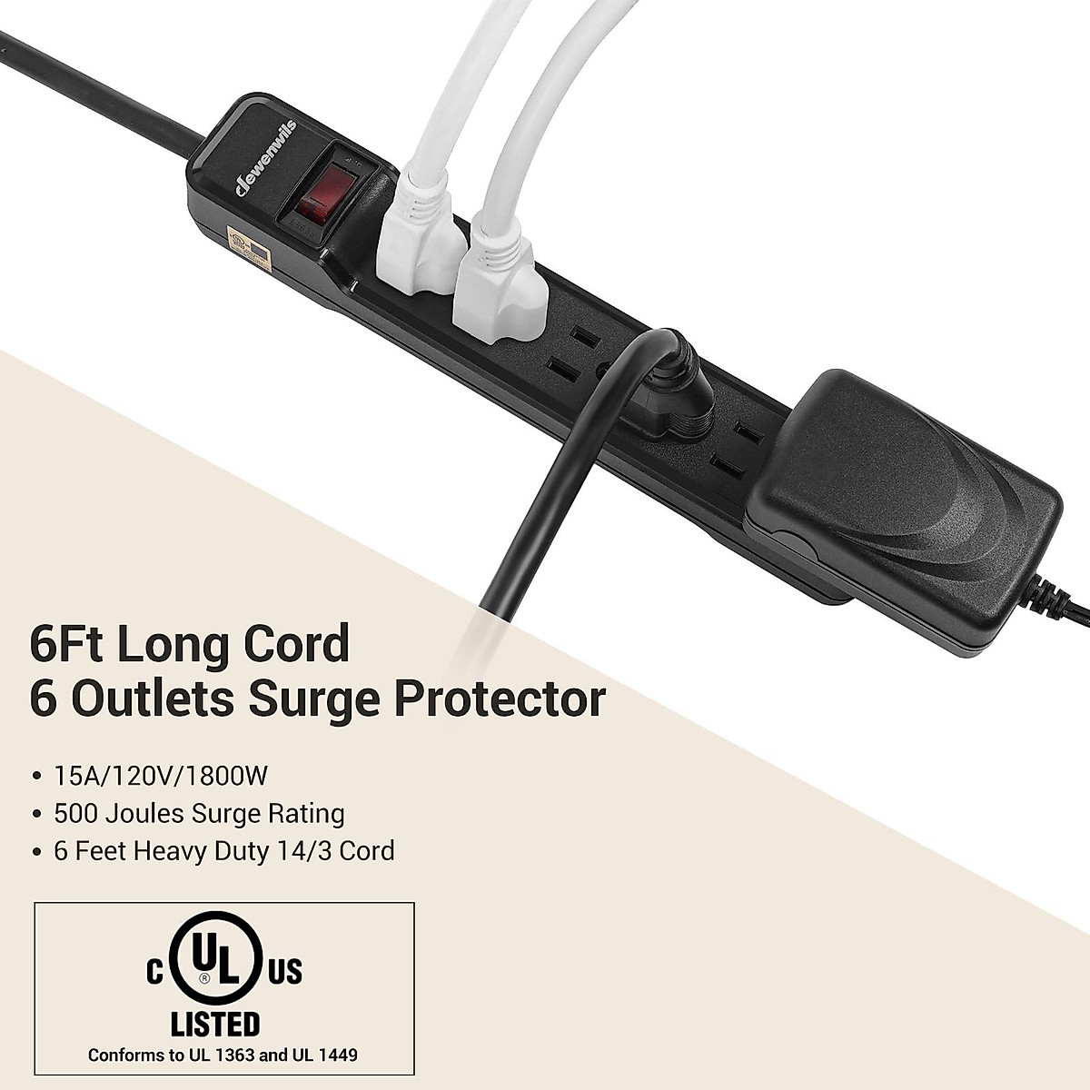 DEWENWILS 2-Pack 6-Outlet Power Strip Surge Protector, 6Ft Long Extension Cord, Low Profile Flat Plug, 15 Amp Circuit Breaker, 500 Joules, Wall Mount, Black, UL Listed