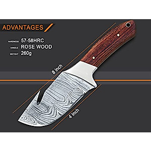WARIVO KNIFE Hunting knife Full Tang Damascus Gut Hook Knife- EDC 8-inch Gut Hook Skinning knife for Hunting Fixed Blade Knife with Sheath Deer Gutting knives with Rosewood handle