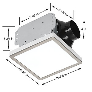Homewerks 7105-10 Bathroom Fan Integrated LED Light Ceiling Mount Exhaust Ventilation Ultra Quiet 1.0 Sones 70 CFM, Decorative Brushed Nickel Magnetic Trim