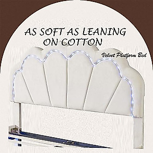 Novaris Full Size Velvet Upholstered Platform Bed Frame with Elegant Flowers Headboard, Modern Floating Platform Bed with Smart LED/Wooden Slats Support/Easy Assemble for Bedroom Girls, Beige