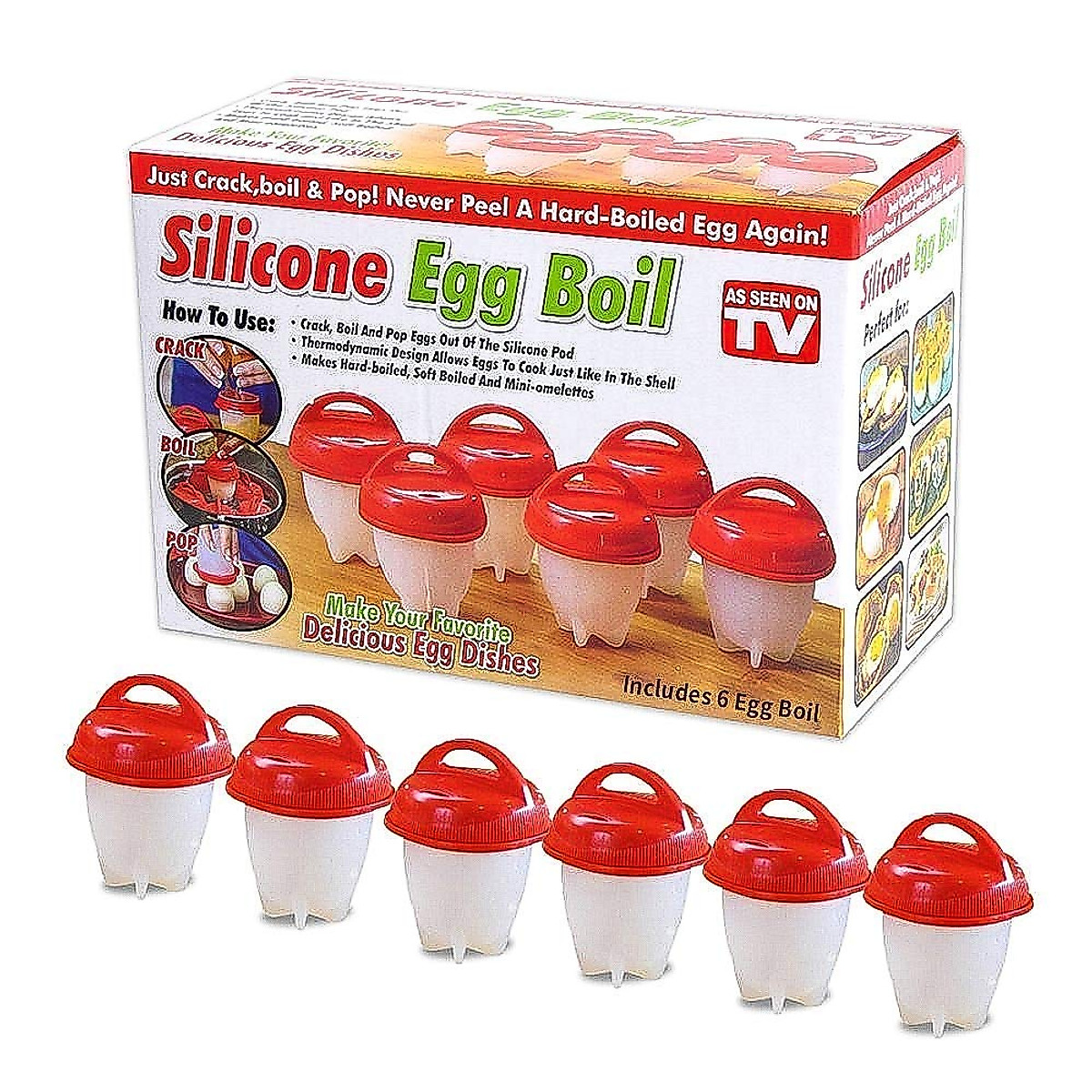 Shaliyan Egg Cooker-6 Pack 6 Exclusively and Holder 6 Nonstick Silicone Seen on TV Hard Boiler Poache, Standard, White/Red