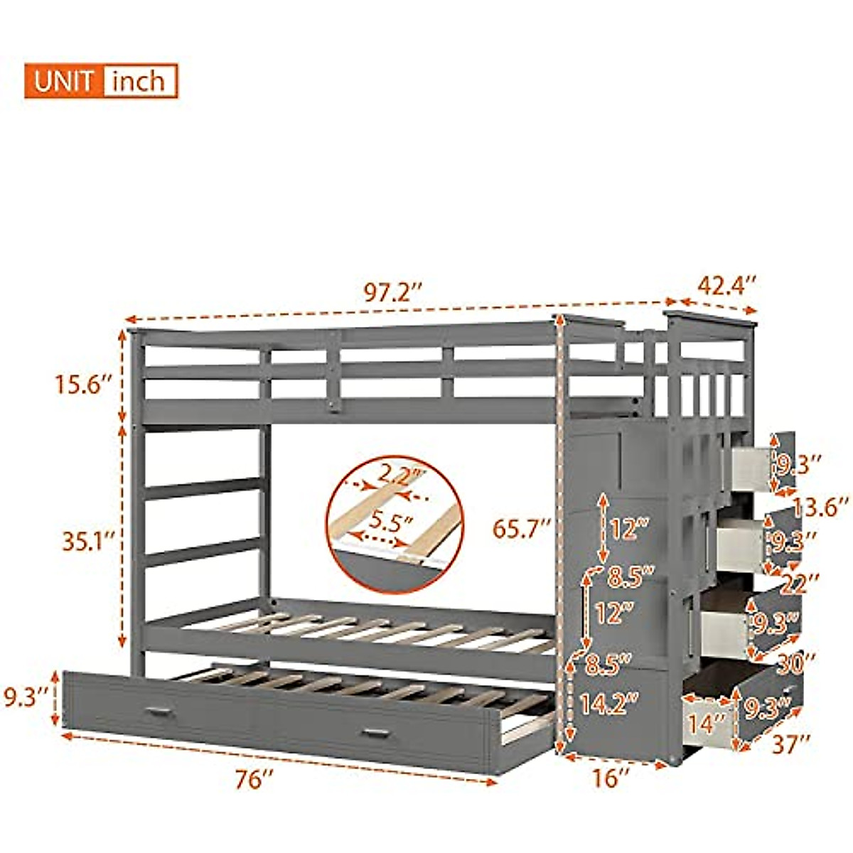 STP-Y Solid Wood Bunk Bed Frame No Box Spring Needed with Guardrails, Ladder and Storage Stairs for and Teens Platform, Twin Over Full, Gray (Color : Grey with Hiden Drawers)