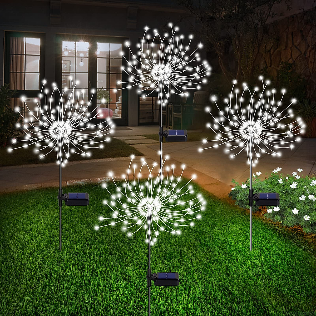 Solar Firework Lights - 4 Pack 120 LED Decorative Starburst Lights, 12 Hrs Working Time, for Garden Pathway, Courtyards, Wedding & Christmas Decor (Cool White)