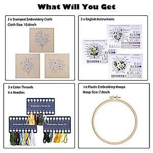 GLTAYLMY 3 Pack Embroidery Starters Kit with Pattern for Beginners,Cross Stitch Kits with 1 Plastic Embroidery Hoops,Needles and Color Threads,Needlepoint Kit for Adults