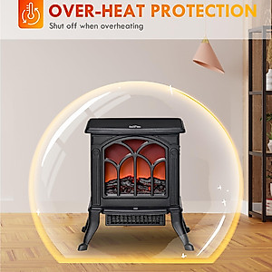 HOMCOM 17" Freestanding Electric Fireplace Stove, Fire Place Heater with Realistic Logs and Flame Effect, Adjustable Temperature, and Overheat Protection, 750W/1500W, Black