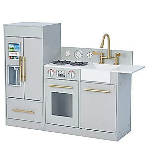 Teamson Kids Little Chef Charlotte Modern Modular Interactive Wooden Play Kitchen with Refrigerator, Stove and Sink in Gray with Gold Accents
