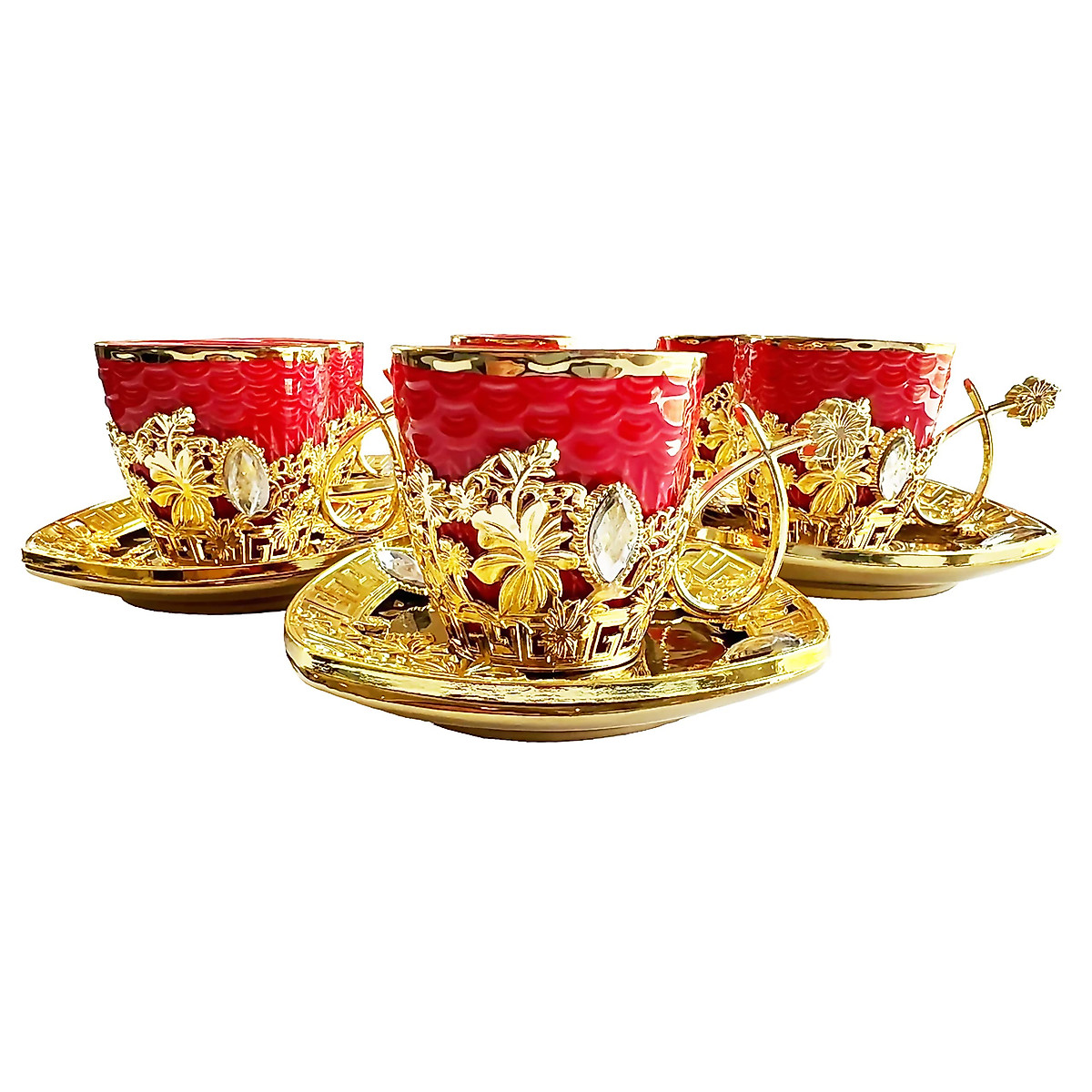 Chandler Turkish Coffee Set Espresso Greek Arabic Coffee Cup and Saucer 3 Fl oz with Gold Acrylic Gift Box Collection of 7 Colors and Designs (Red With Gold and White Gem)