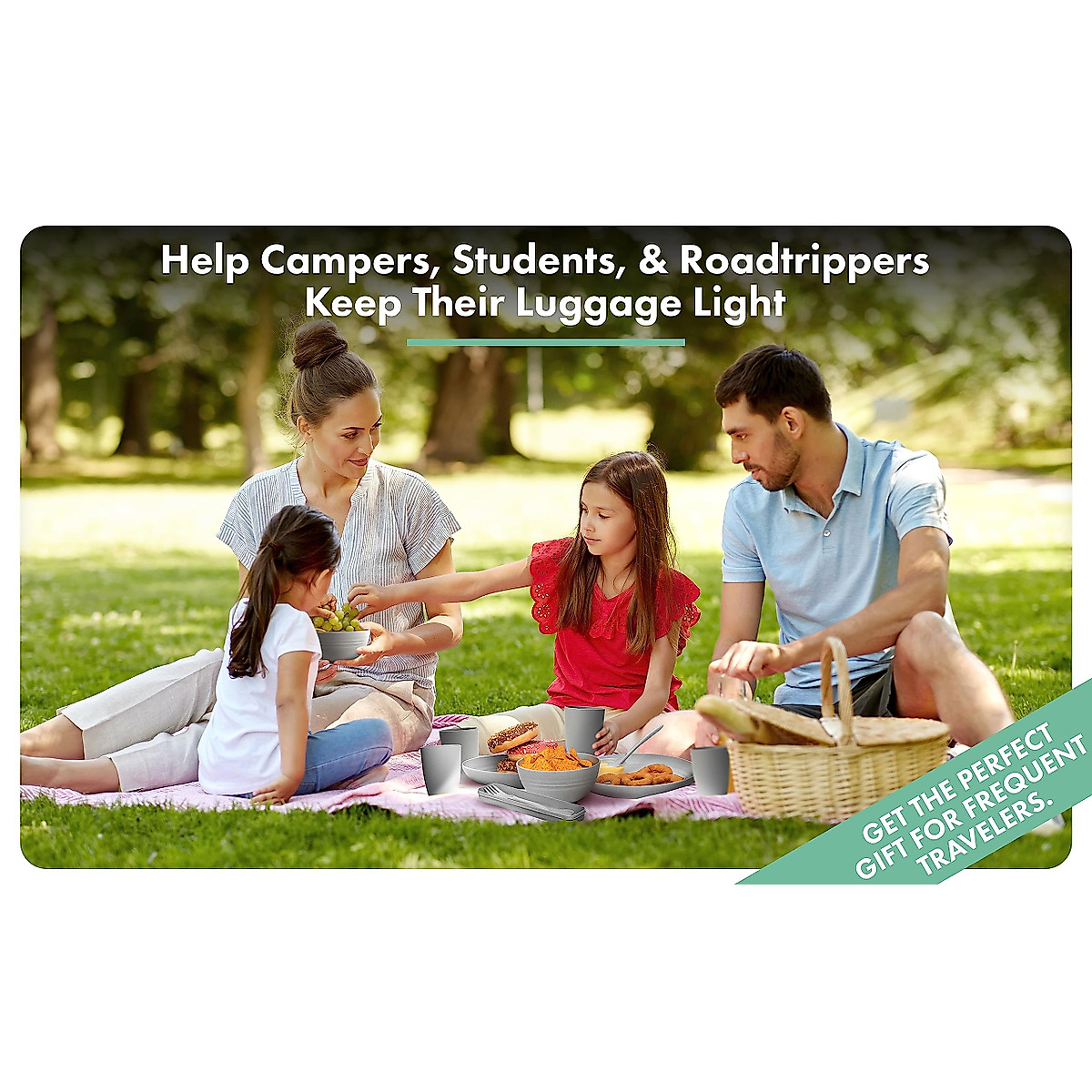 FOODLE Wheat Straw Dinnerware Sets for 6 - Lightweight & Unbreakable - Microwave & Dishwasher Safe - Perfect for Picnic, Dorm, RV Dishes - Camping Plates Cups and Bowls Set - Great for Kids & Adults