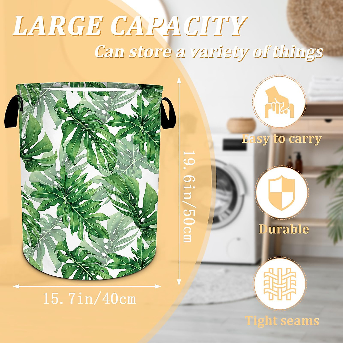 Palm Leaves Laundry Basket, Foldable Waterproof Oxford Cloth Floral Laundry Hamper Funny Tote Bag Dirty Clothes Storage Bucket Toy Organizer for Bathroom/Laundry/Bedroom 15.7"x19.6"
