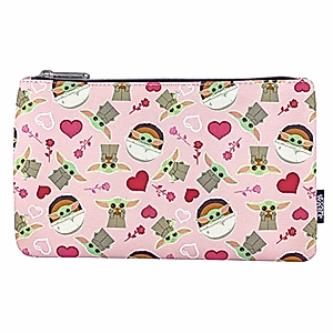 Loungefly Star Wars Baby Yoda Grogu Hearts and Flowers All Over Print Large Cosmetic Bag Pouch