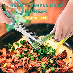 Updated 2023 Herb Scissors Set - Cool Kitchen Gadgets for Cutting Fresh Garden Herbs - Herb Cutter Shears with 5 Blades and Cover, Sharp and Anti-rust Stainless Steel, Dishwasher Safe (Blue-White)