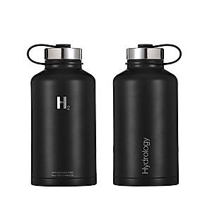 H2 HYDROLOGY Water Bottle - 18 oz, 22 oz, 32 oz, 40 oz, or 64 oz with 3 LIDS Double Wall Vacuum Insulated Stainless Steel Wide Mouth Sports Hot & Cold Thermos (64 oz, Black)