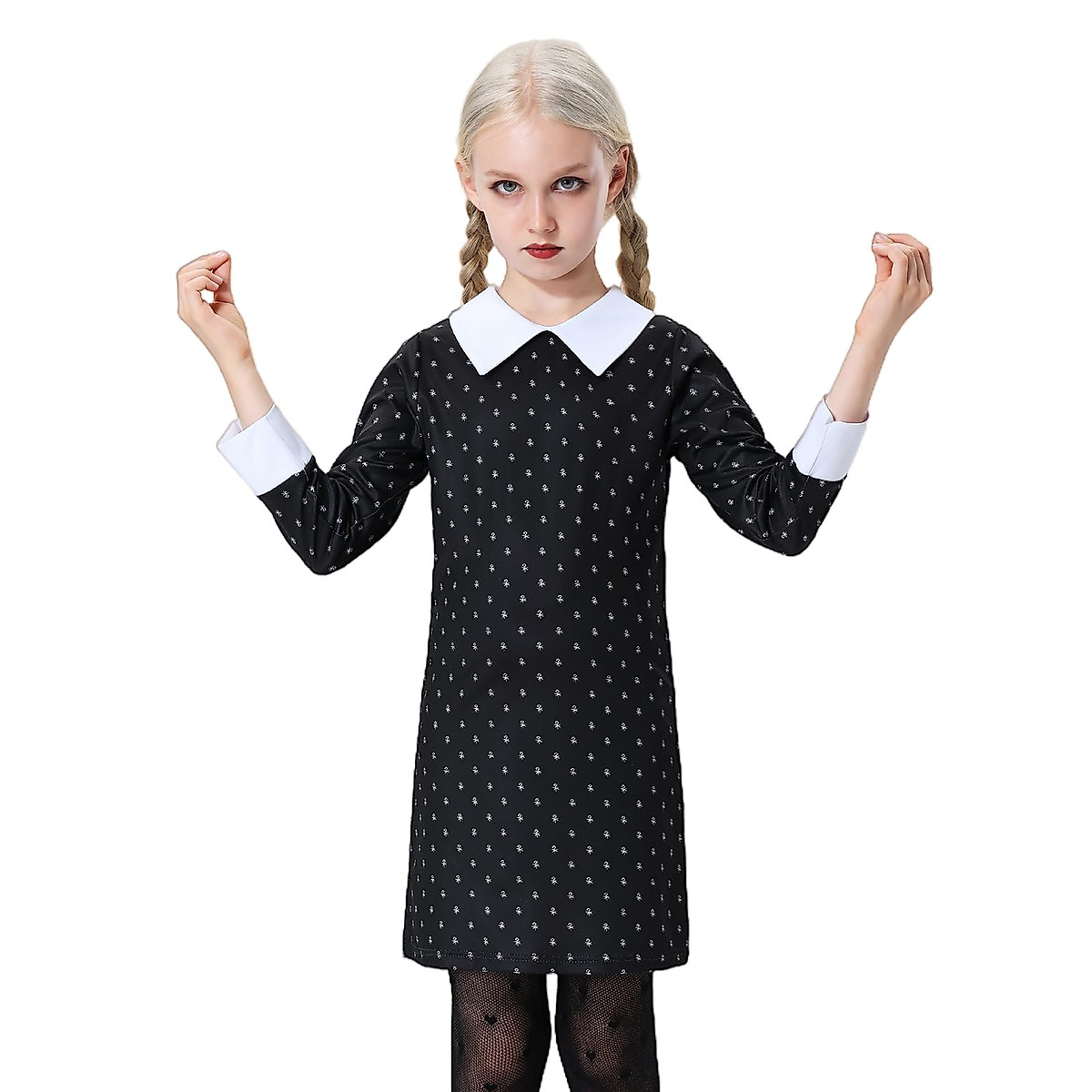 Mebius Toddler Black Long Sleeve Peter Pan Contrast Collar Dress Little Girls Vintage Tunic Knit Dresses Casual Church Funeral Black Floral Pattern 4Y
