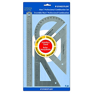 Staedtler Stainless Steel Math Set with Ruler, 2 Triangles, Protractor, 4 piece, 566 32BK
