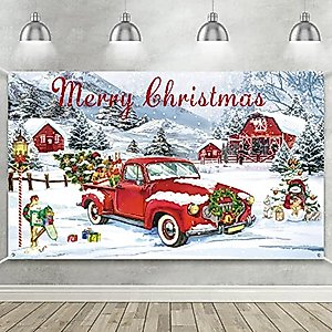 Christmas Red Truck Decoration Xmas Tree Farmhouse Rustic Backdrop Banner Red Car Snowflakes Photo Background for Merry Christmas Winter Holiday Party Home Decorations Supplies, 72.8 x 43.3 Inch