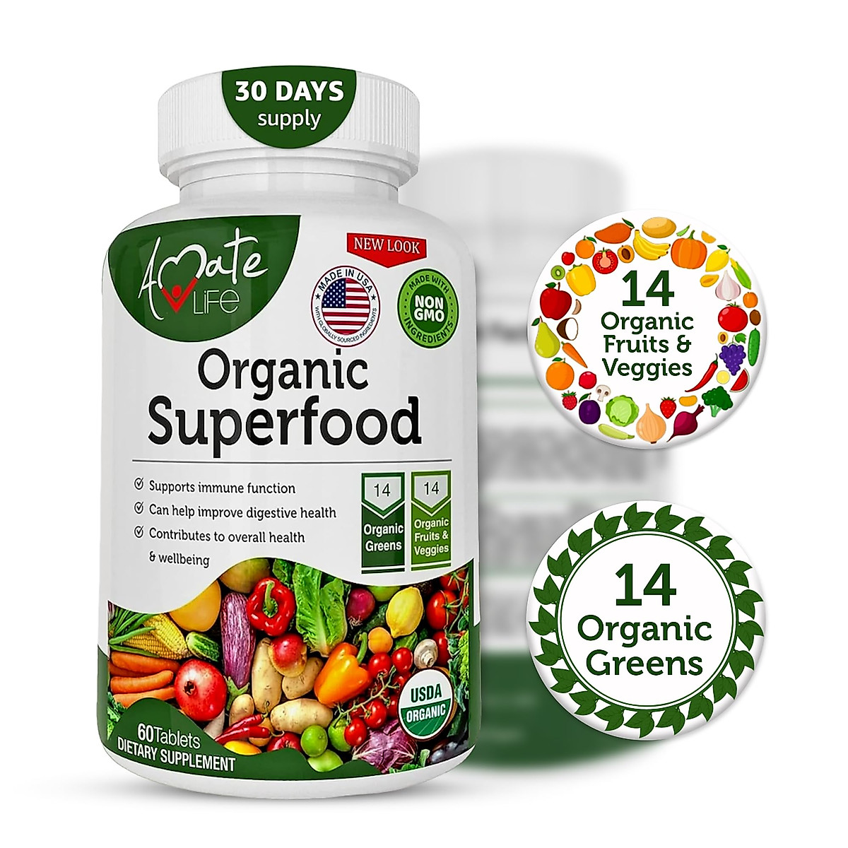 Organic Superfood Greens Fruits and Veggies Complex - Best Dietary Supplement with 14 Greens and 14 Fruits & Vegetables with Alfalfa Rich in Antioxidants Organic Ingredients Non-GMO 60 Tablets