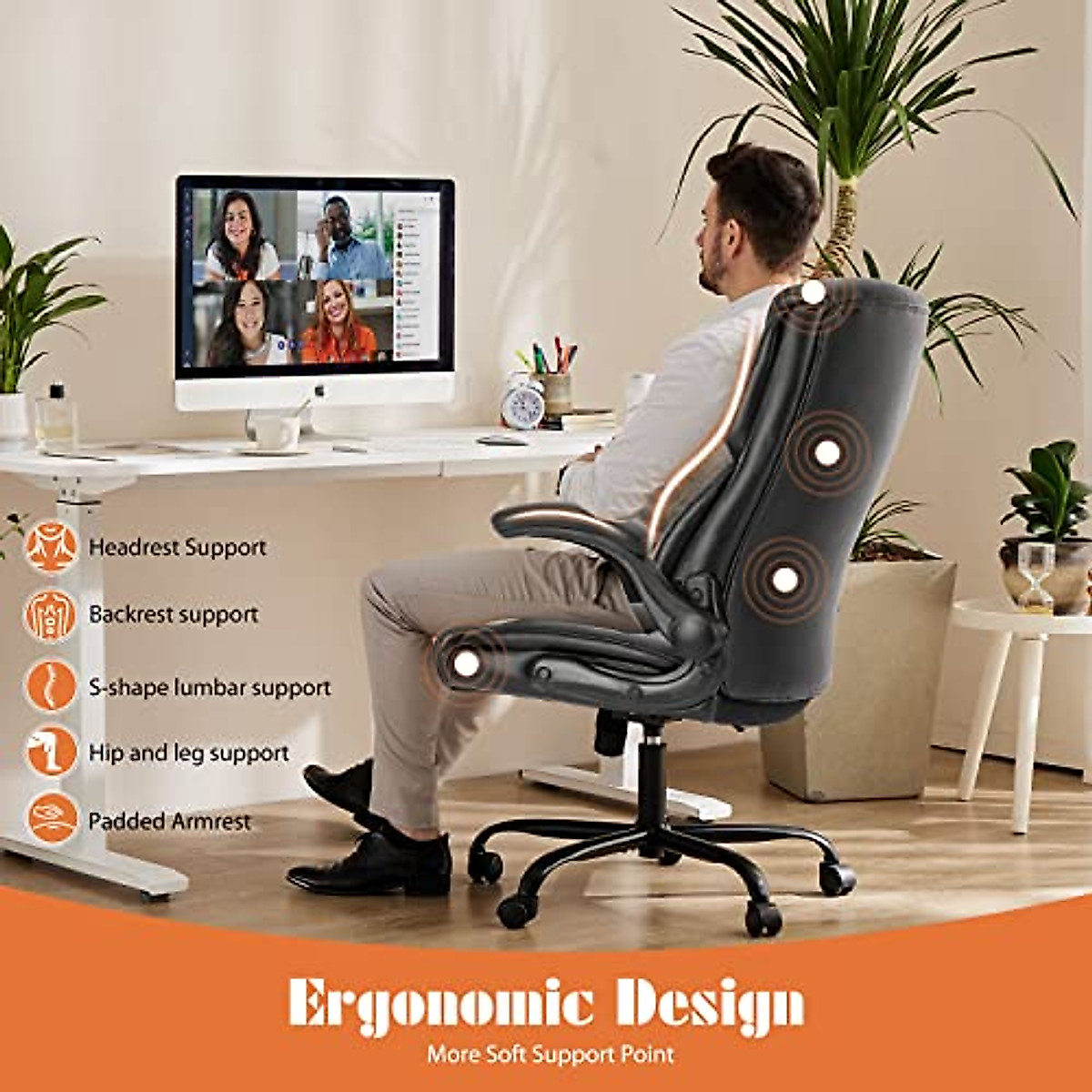 Office Chair - Ergonomic High Back Desk Chairs, Heavy Duty Task Chair with Flip-up Arms, PU Leather, Adjustable Swivel Rolling Chair with Wheels, Black