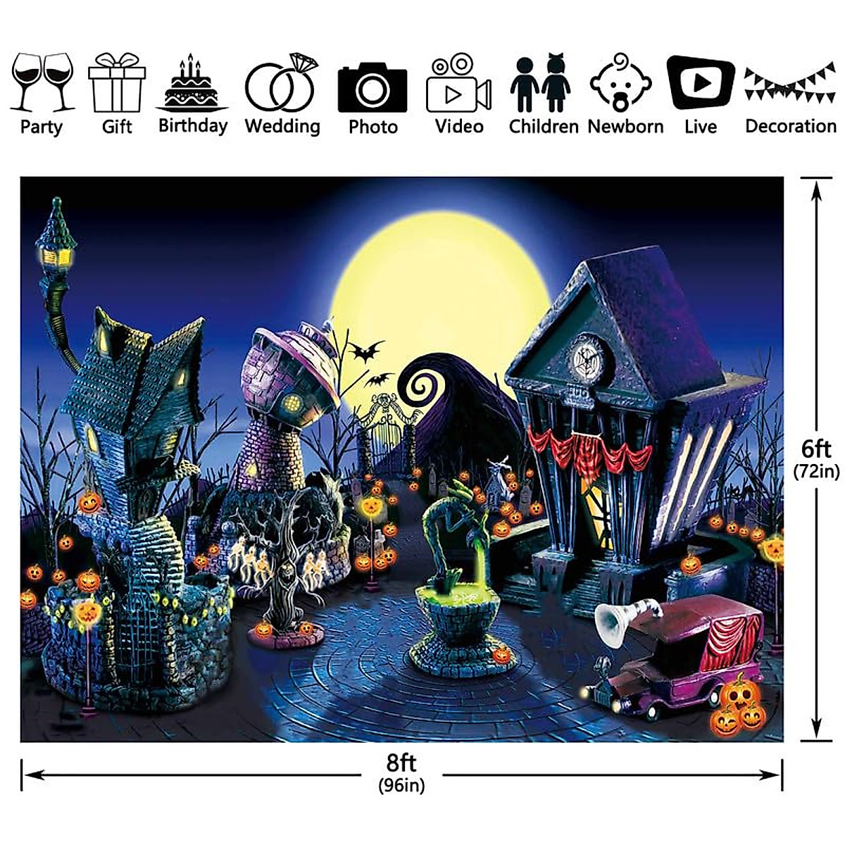 ZTHMOE 8x6ft Halloween Nightmare Themed Party Photography Backdrop Pumpkin Moon Town Background Birthday Baby Shower Christmas Party Decorations Photo Tapestry Props