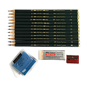 Faber-Castell 9000 Graphite Sketch Pencil Art Set (8B - 2H) with Kneaded Art Eraser, Large Dust Free Eraser and Sharpener